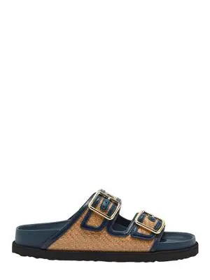 BIRKENSTOCK Arizona Framed Raffia And Leather Sliders - Navy
