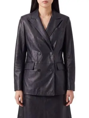 SALVATORE SANTORO Double-breasted Ovine Leather Blazer - Navy