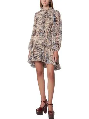 Etro Beige Ruffle Dress With Multicolour Print - Multicolor