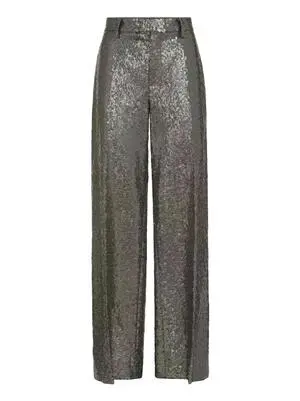 Brunello Cucinelli Virgin Wool Flannel Loose Flared Trousers With Dazzling Texture Embroidery - Grey