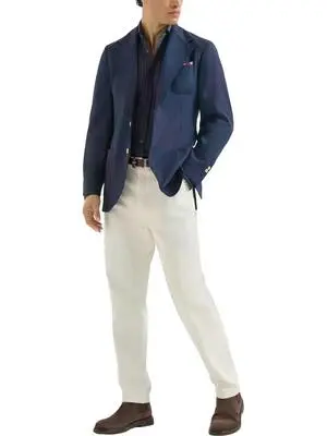 Brunello Cucinelli Virgin Wool, Silk And Cotton Chalk Stripe Piqué Shirt With Spead Collar - Blue