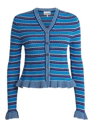 GANNI Cotton Stripe Cropped Cardigan - Blue