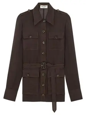 Saint Laurent Biologic Silk Dress With Belt At Waist - Brown