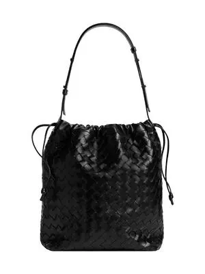 Bottega Veneta Bucket Intrecciato Biblioteca Leather Shoulder Bag - Black