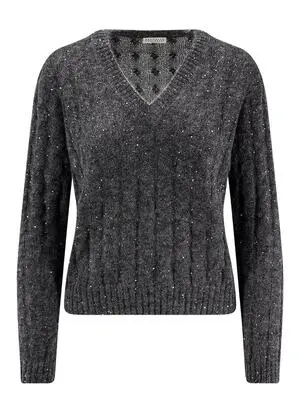 Brunello Cucinelli Wool Blend Sweater With All-over Sequins - Grey
