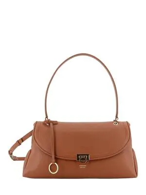 FERRAGAMO Leather Shoulder Bag With Gancini Detail - Brown