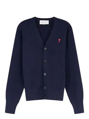 AMI Paris Wool Cardigan With Iconic Embroidery - Blue