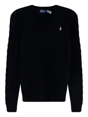 Polo Ralph Lauren Wool And Cashmere Blend V-neck Sweater With Embroidered Logo - Black