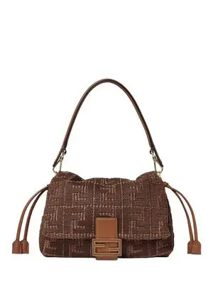 Fendi Mamma Baguette Medium Raffia Handbag With Ff Embroidery - Brown