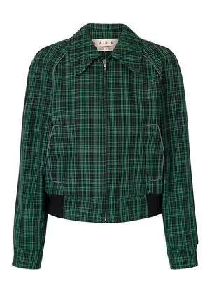 Marni Cropped Checked Wool And Cotton-blend Twill Jacket - Green