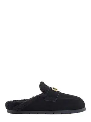 Armani Exchange Suede Clogs With Teddy Detail And Gold Tone Hardware - Black