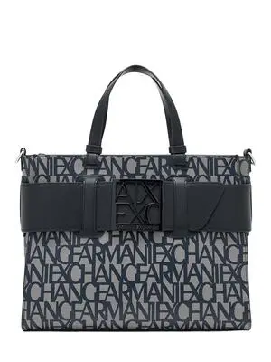 Armani Exchange Shopping Bag In Coated Cotton With Monogram Black