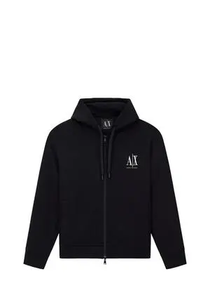 Armani Exchange Full-zip Hoodie In Bonded Stretch Cotton With Logo Icon - Black