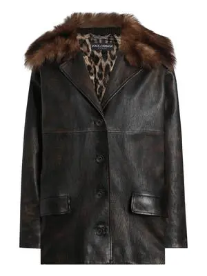 Dolce & Gabbana Leather Jacket With Fur Collar - Brown