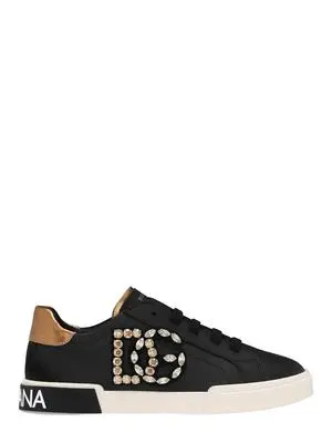 Dolce & Gabbana Calfskin Portofino Vintage Low-top Sneakers With Embellished Dg Logo - Multicolor