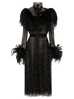 Dolce & Gabbana Calf-length Stretch Tulle Dress With Fusible Rhinestones And Rooster And Ostrich Feather Embellisht Dresses - Silver