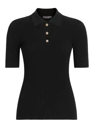 Dolce & Gabbana Ribbed Polo Sweater With Embellished Buttons - Black