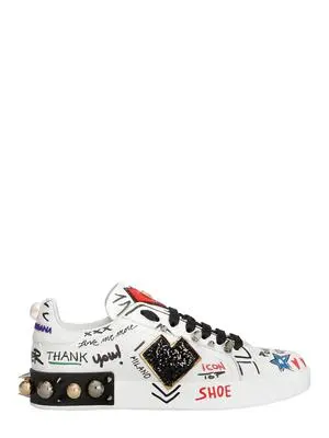 Dolce & Gabbana Printed Calfskin Portofino Sneakers With Patch Sneakers White Leather - Multicolor