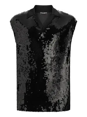 Dolce & Gabbana Sleeveless Polo With Sequins T-shirts And Polos Tulle - Black