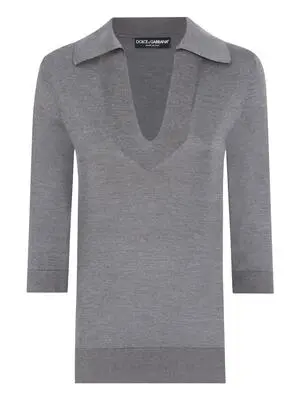 Dolce & Gabbana Silk V-neck Polo Shirt With Dg Logo Embroidery - Grey