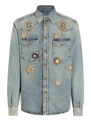 Dolce & Gabbana Denim Shirt With Bejeweled Appliqués Denim Multi-colored - Multicolor