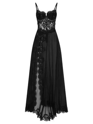 Dolce & Gabbana Long Silk Chiffon And Chantilly Lace Slip Dress Dresses Silk - Black