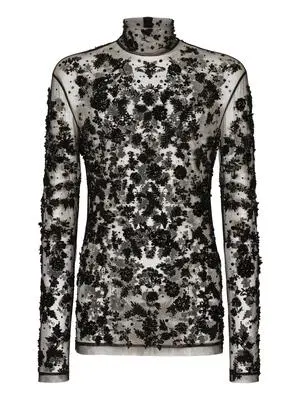 Dolce & Gabbana High-necked Tulle T-shirt With Sequined Details T-shirts And Polos Tulle - Black