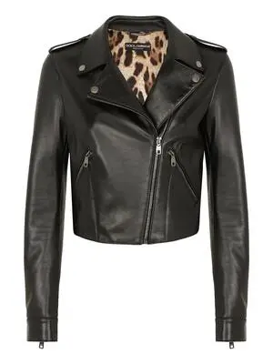 Dolce & Gabbana Leather Biker Jacket With Tab Details Coats And Jackets - Black