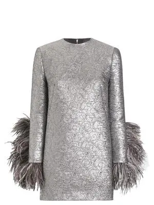 Dolce & Gabbana Quilted Lamé Jacquard Sack Minidress With Feathered Cuffs - Silver
