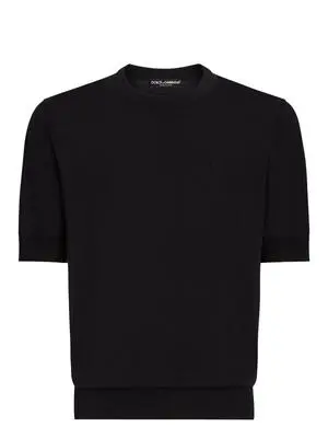 Dolce & Gabbana Silk Round-neck Sweater With Dg Embroidery - Blue