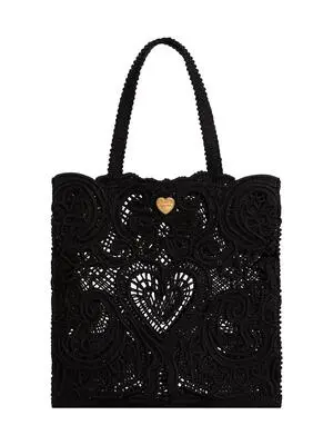 Dolce & Gabbana Medium Cordonetto Lace Beatrice Shopper Tote Bags Cotton - Black
