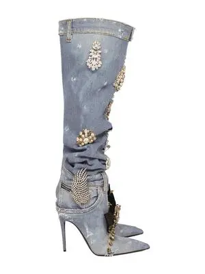 Dolce & Gabbana Knee-high Patchwork Denim Boots With Embellishments - Blue
