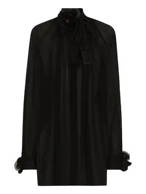 Dolce & Gabbana Silk Chiffon Shirt With Pussy-bow And Flower Appliqu - Black