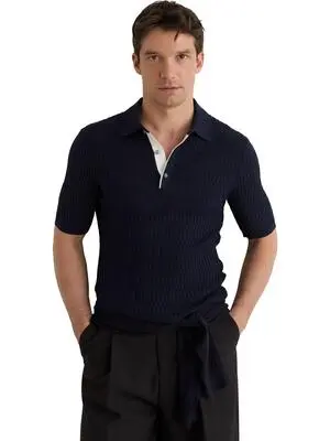 REISS Textured-knit Half-button Polo Shirt - Navy