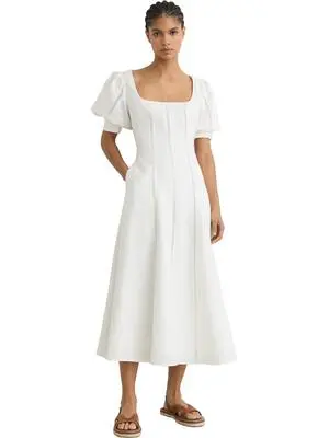 REISS Riva Linen Puff Sleeve Embroidered Midi Dress - Cream