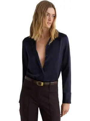 REISS Petite Silk-satin Concealed-placket Shirt - Navy