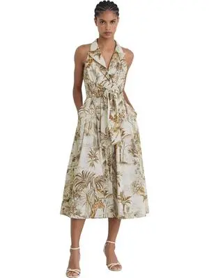REISS Cotton Safari-Print Tailored Midi Dress Neutral