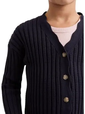 REISS 9-13 Yrs Rib-knit Pointelle Cardigan Navy