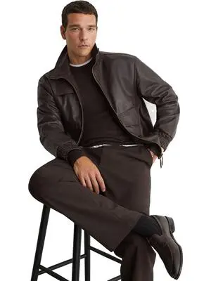REISS Leather Oversized Funnel-neck Jacket - Bordeaux