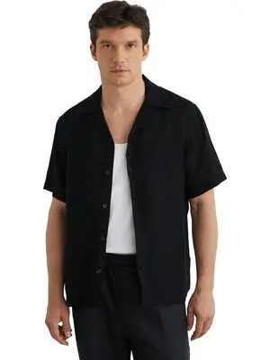 REISS Linen Cuban-collar Shirt - Black