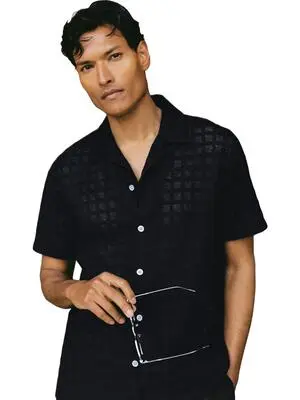 REISS Cotton-blend Crochet Tile-pattern Shirt - Navy