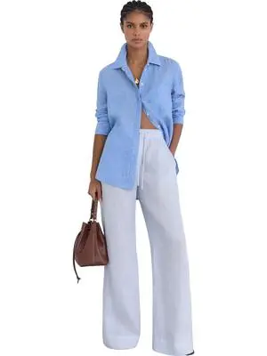 REISS Linen Ladder-embroidered Wide-leg Trousers - Silver Blue