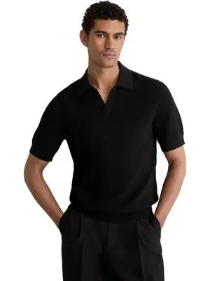 REISS Cotton-blend Basket-stitch Open-collar Polo Black