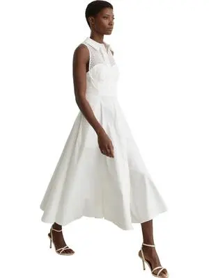 REISS Cotton Broderie-detail Midi Dress - Ivory