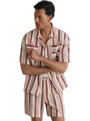 REISS Blue & Ecru Striped Drawstring Shorts - Red/stone