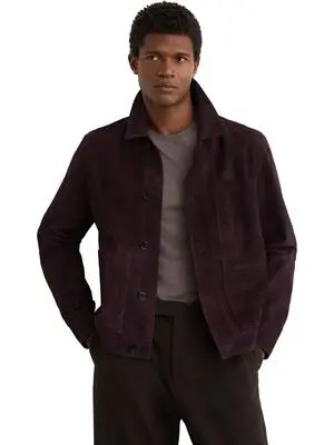 REISS Suede Button-through Trucker Jacket - Bordeaux