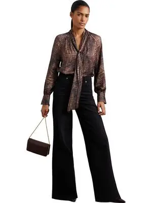 REISS Crocodile-print Tie-neck Blouse - Brown