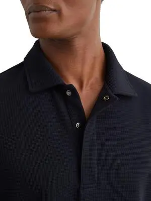 REISS Textured Concealed-placket Polo Shirt - Navy