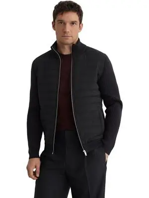 REISS Quilted Rib-knit Funnel-neck Jacket - Navy
