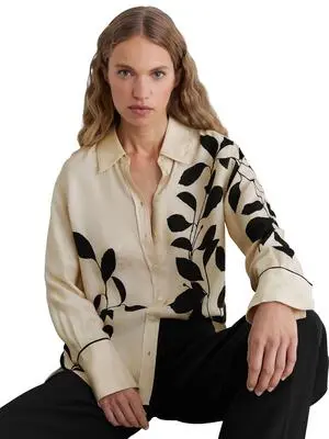 REISS Leaf-print Jacquard Long-sleeve Shirt - Ivory/black
